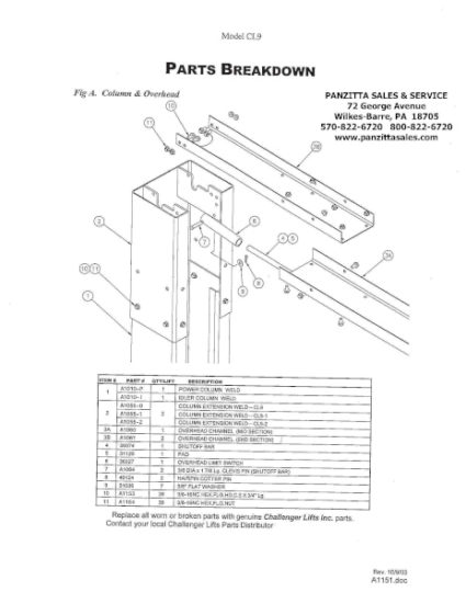 Challenger CL9 Lift Parts – Panzitta Sales & Service